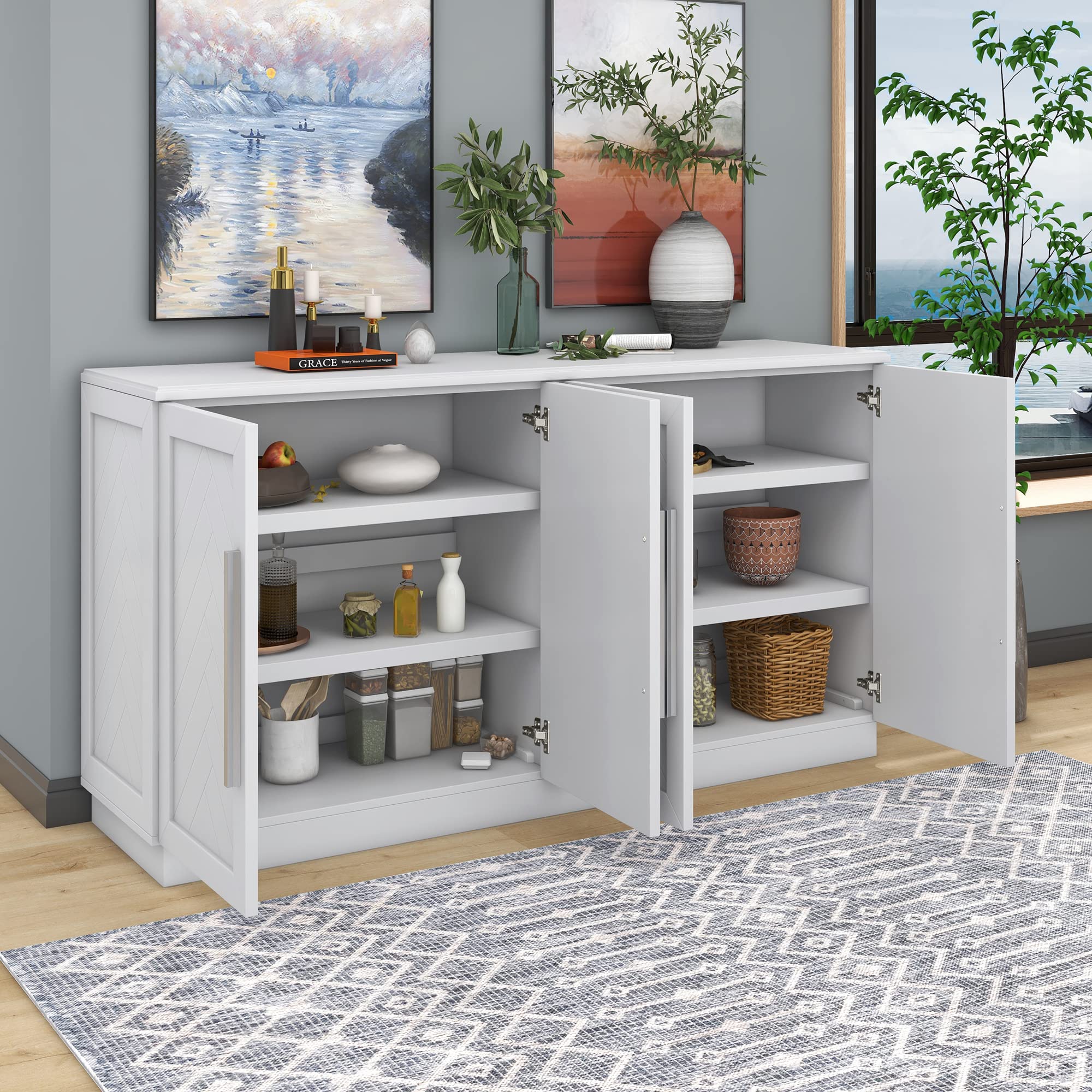 Knocbel Modern Buffet Sideboard Storage Cabinet with 4 Doors and 4 Adjustable Shelves, Entryway Hallway Foyer Long Console Table Cupboard Coffee Bar Cabinet (White)
