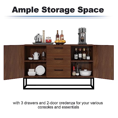 Bonzy Home Buffet Sideboard Cabinet with 3 Drawers & 2-Door and Adjustable Shelves 47 Inch Modern Coffee Bar Cabinet for Living Room Entryway Dinning Room