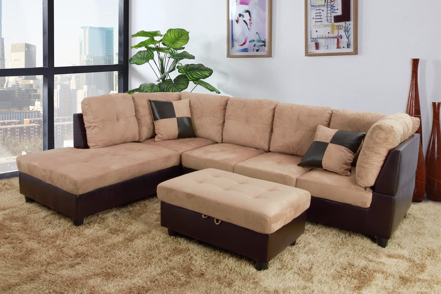 SIENWIEY Beige Sectional Couch for Living Room Set, 105 Inch Sectional Sofa L Shaped Couch with Storage Ottoman/Microfiber Fabric/Facing Left Chaise