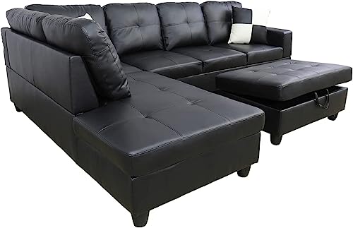 ERYE Faux Leather Corner Sectional Sofa Couch with Chaise and Storage Ottoman, L-Shaped Upholstered Sofa&Couch W/ 2 Pillows for Home Office Apartment Living Room Furniture Sets