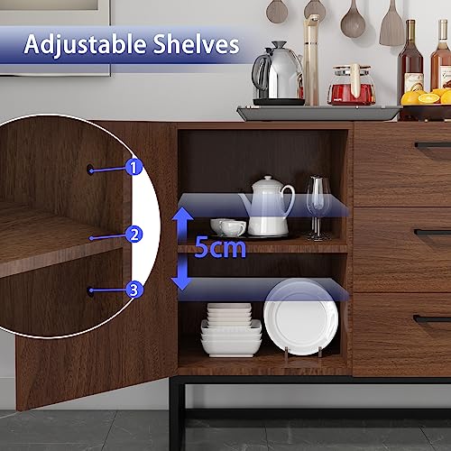 Bonzy Home Buffet Sideboard Cabinet with 3 Drawers & 2-Door and Adjustable Shelves 47 Inch Modern Coffee Bar Cabinet for Living Room Entryway Dinning Room