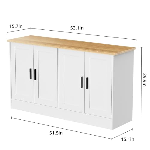 Anystyle 53.1“W White 4 Door Buffet Cabinet, Coffee Bar Cabinet with Adjustable Shelf, Kitchen Buffet Sideboard for Living Room, Kitchen