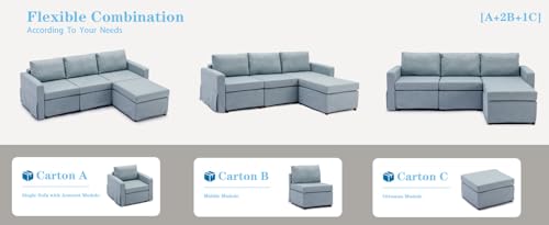 Convertible Modular Sectional Sofa Sleeper Couch,Free Combination Sofa Couch for Living Room,Seat Cushion and Back Cushion Removable and Washable,Light Blue (3 Seater with 1 Ottoman)