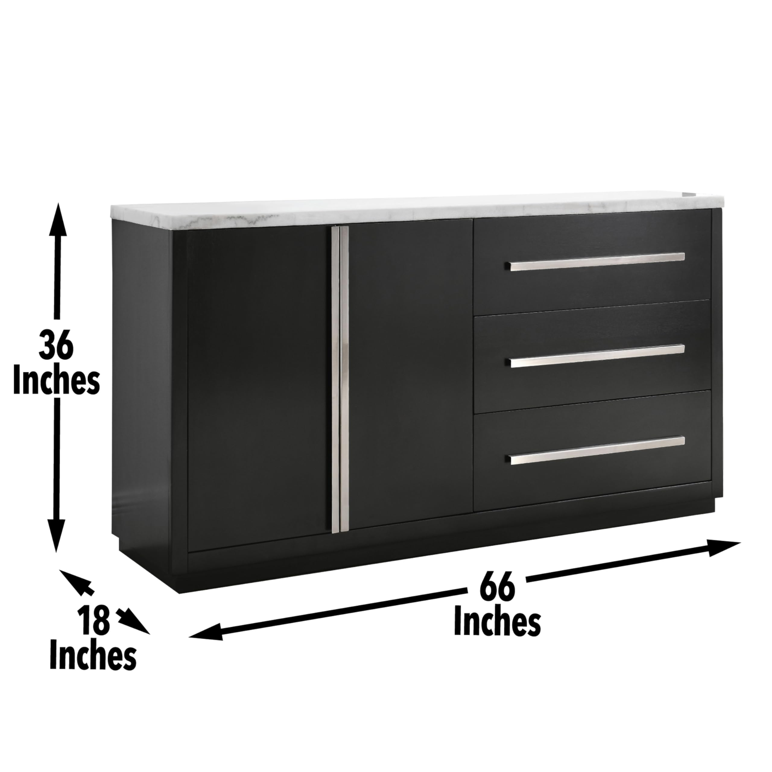 Steve Silver Furniture Camila Server, Birch Veneer, Soft Close Doors, Asymmetrical Design, Finish, Black Sideboard, 66 x 18 x 36, Ebony, White marble top