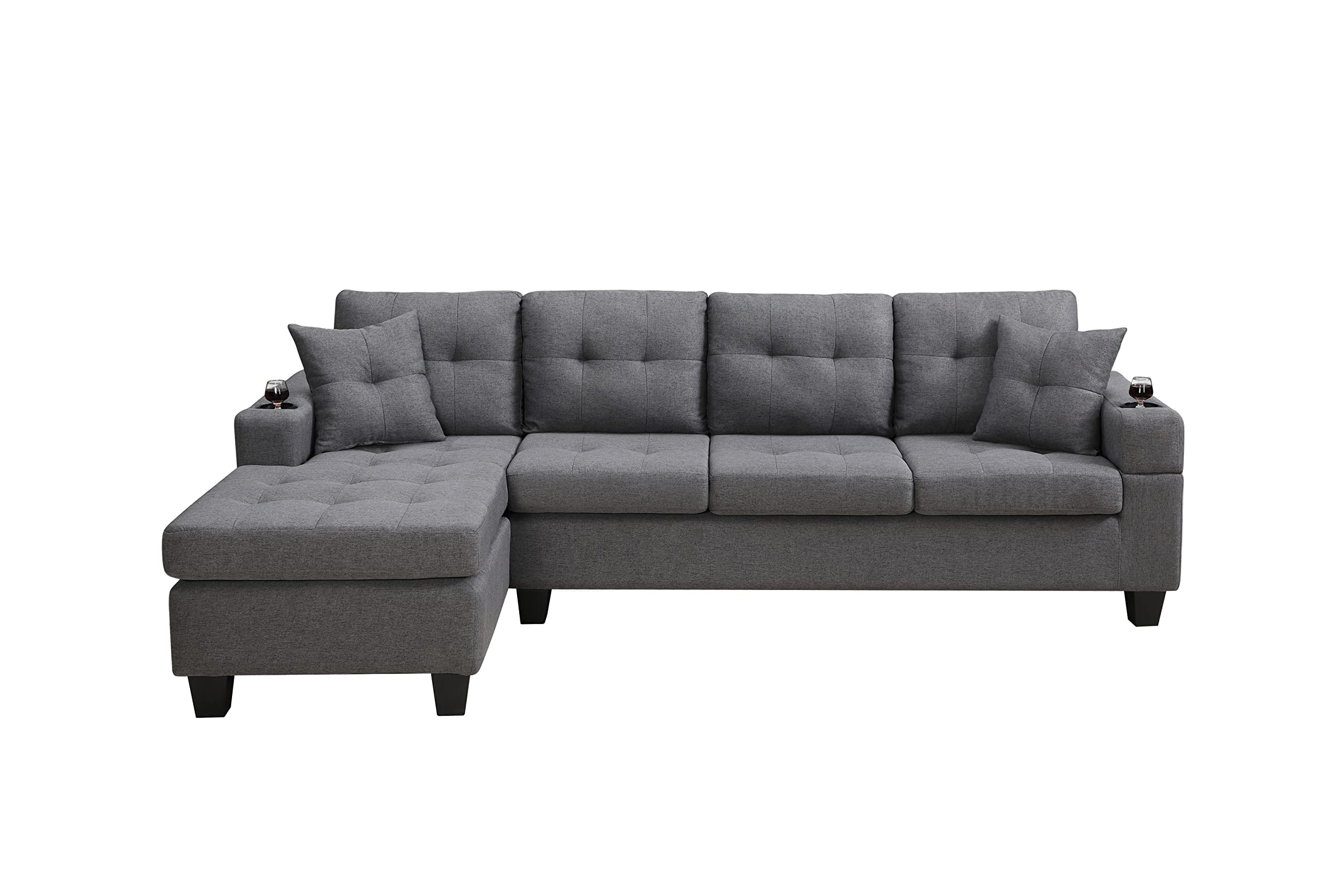 BIADNBZ Sectional Sofa L-Shape, Modern Furniture 4-seat Couch with Reversible Chaise Lounge, 2 Pillows and Cupholders Design, Suit for Living Room Office Apartment, Gray
