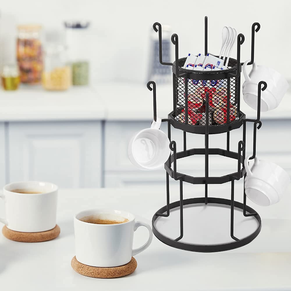 Auledio 3 Tier Countertop Tree Stand Organizer with Storage Basket,15 Mug Capacity Holder for Coffee, Glasses, and Cups, Black