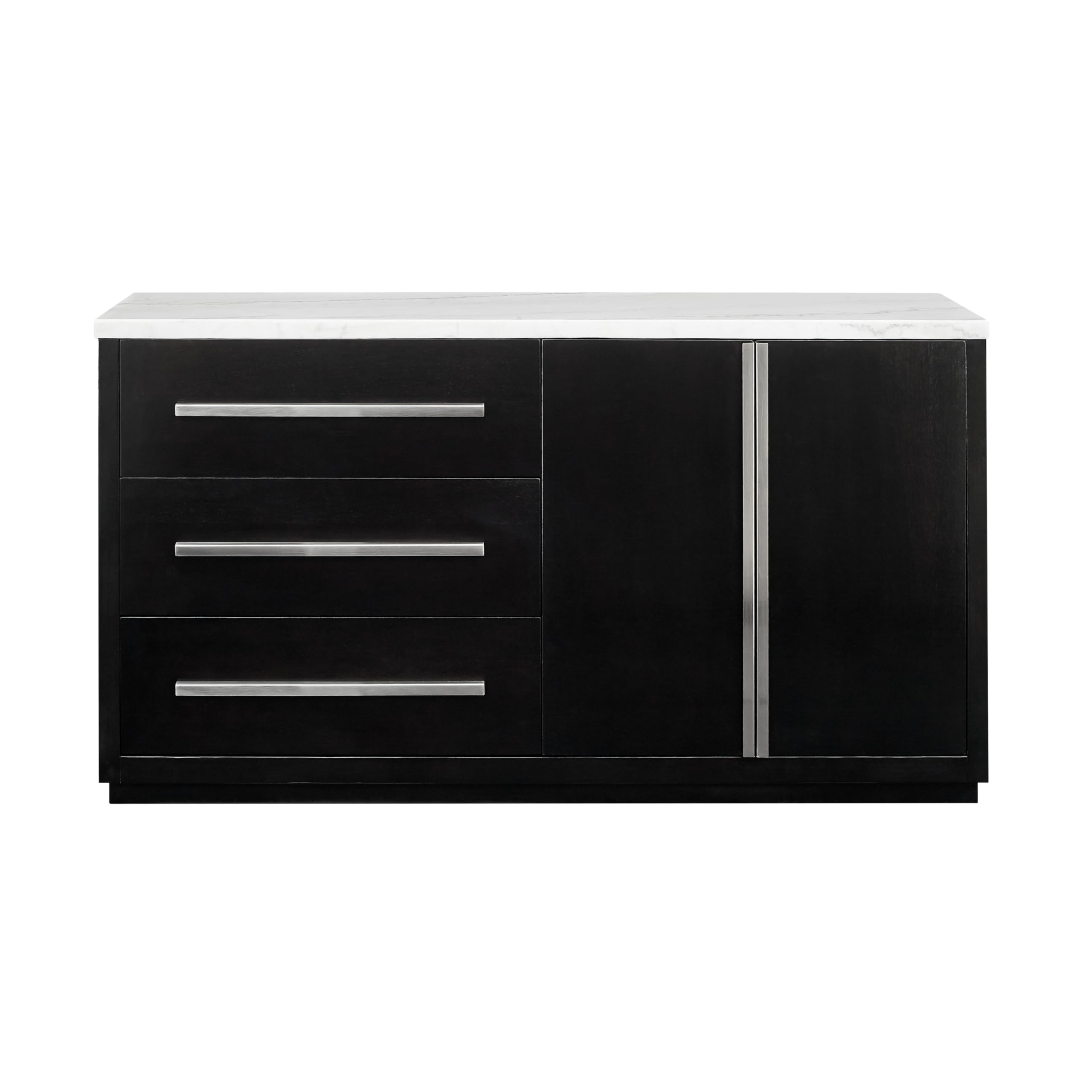 Steve Silver Furniture Camila Server, Birch Veneer, Soft Close Doors, Asymmetrical Design, Finish, Black Sideboard, 66 x 18 x 36, Ebony, White marble top
