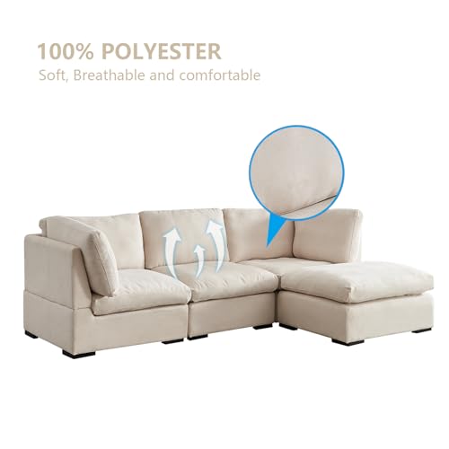 YUNLife&Home Free Combination Modular Sectional Sofa with Reversible Chaise,Down Filled Upholstered L-Shaped 4-Seat Corner Couch w/Moveable Ottoman,Comfy Deep Seats Leisure Sofá for Living Room