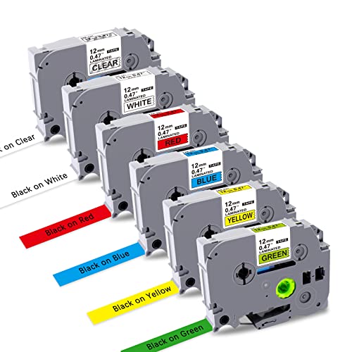 6 Pack Compatible Label Tape Replacement for Brother Ptouch Label Maker Tape 12mm 0.47 Laminated Tze Tape TZe231 131 431 531 631 731(White/Clear/Red/Blue/Yellow/Green) for PT-D210 H110 PTD200