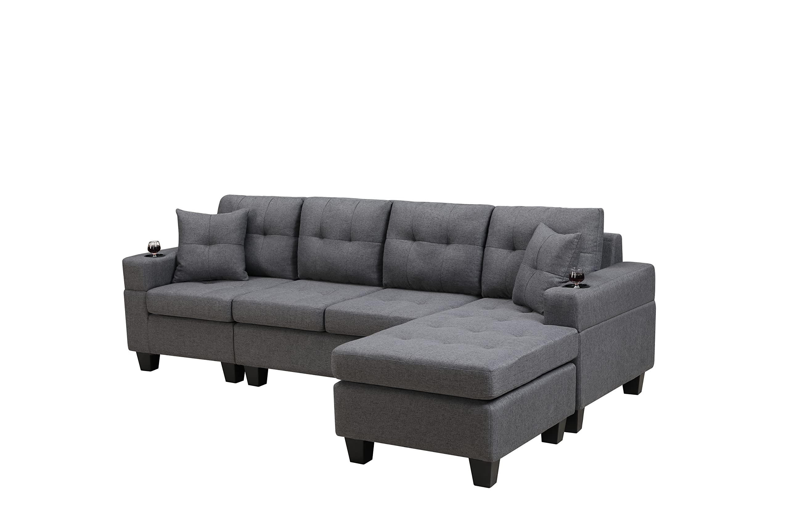 BIADNBZ Sectional Sofa L-Shape, Modern Furniture 4-seat Couch with Reversible Chaise Lounge, 2 Pillows and Cupholders Design, Suit for Living Room Office Apartment, Gray