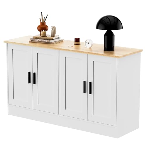 Anystyle 53.1“W White 4 Door Buffet Cabinet, Coffee Bar Cabinet with Adjustable Shelf, Kitchen Buffet Sideboard for Living Room, Kitchen