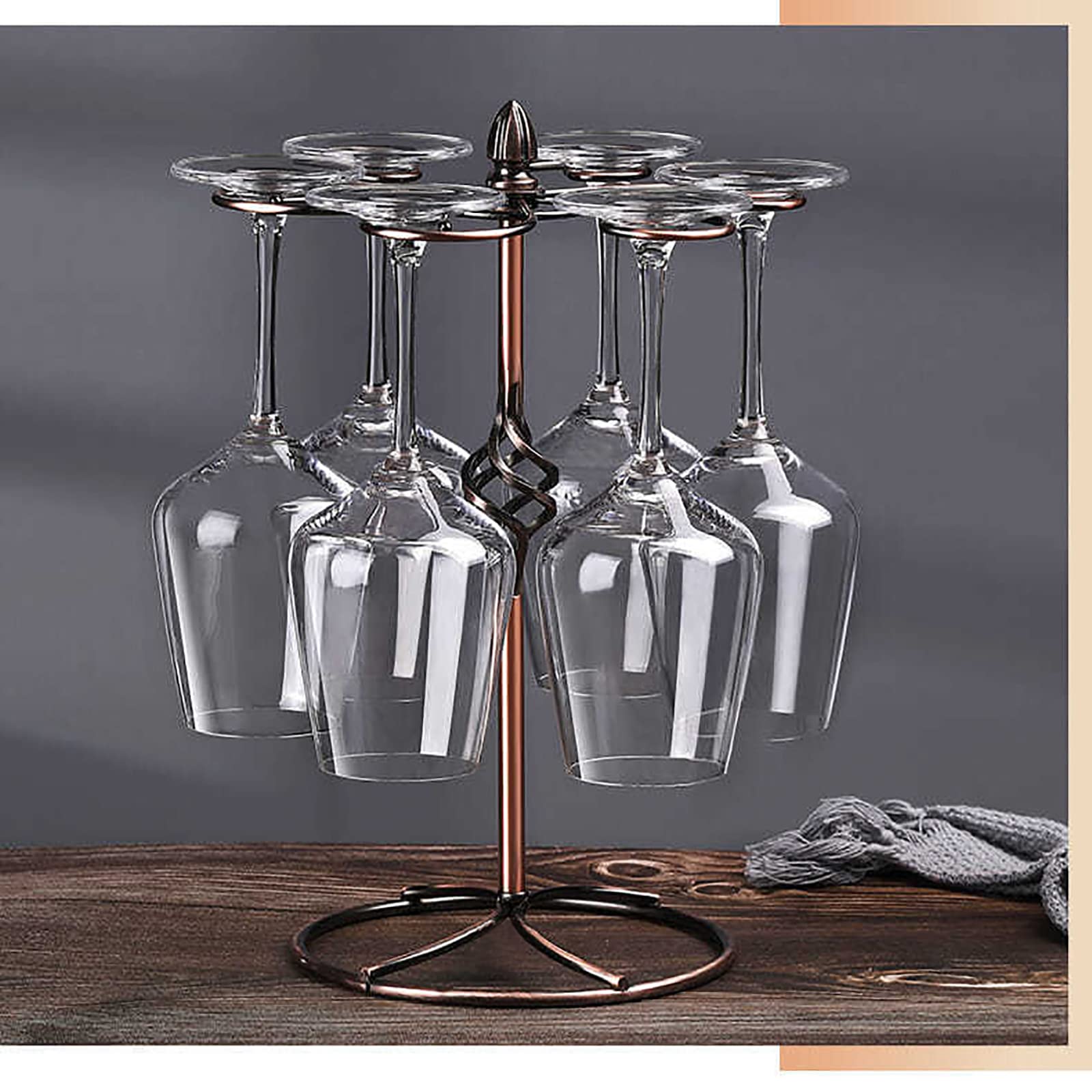 Okllen 2 Pack Scrollwork Wine Glass Rack with 6 Hooks, Metal Stemware Holder Stand Freestanding Wine Glass Holder Display Rack for Tabletop, Bar Countertop, Air Drying, Kitchen Home Storage, Bronze