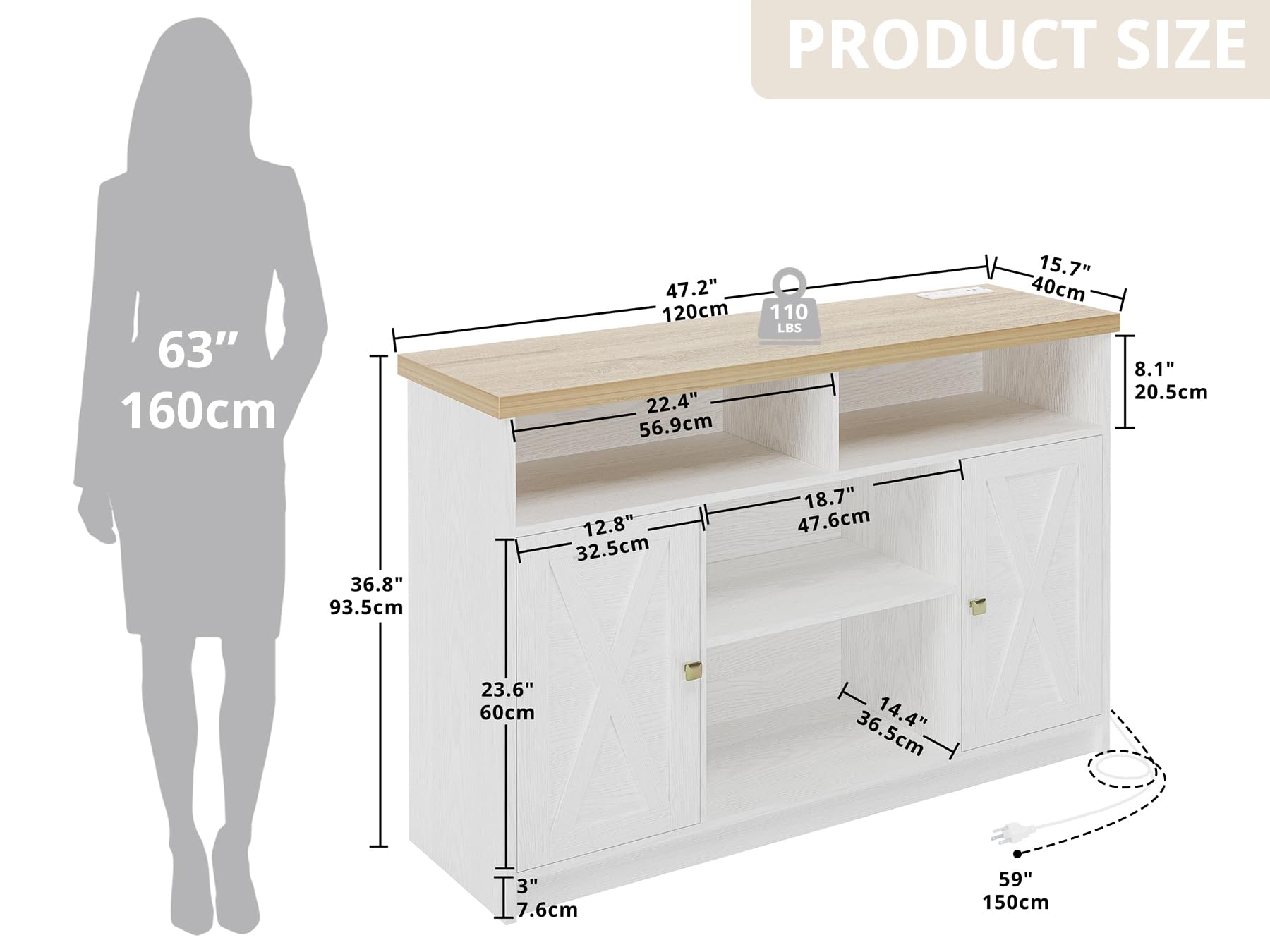 IRONCK Coffee Bar Cabinet with Power Strip, 47" Storage Cabinet with Barn Doors and Thickened Top Board, White Sideboard, Buffet for Dinning Room, Kitchen, Living Room