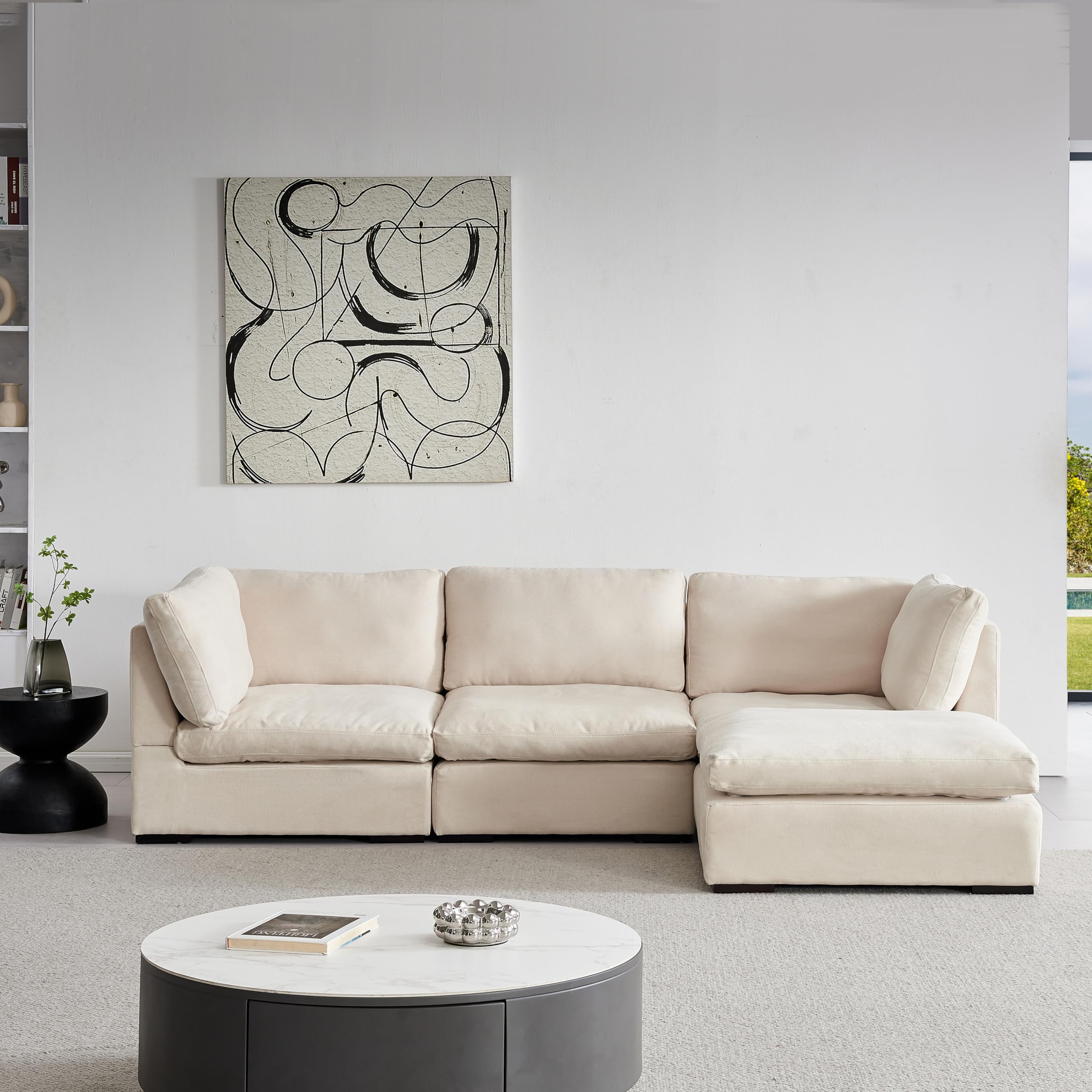 YUNLife&Home Free Combination Modular Sectional Sofa with Reversible Chaise,Down Filled Upholstered L-Shaped 4-Seat Corner Couch w/Moveable Ottoman,Comfy Deep Seats Leisure Sofá for Living Room