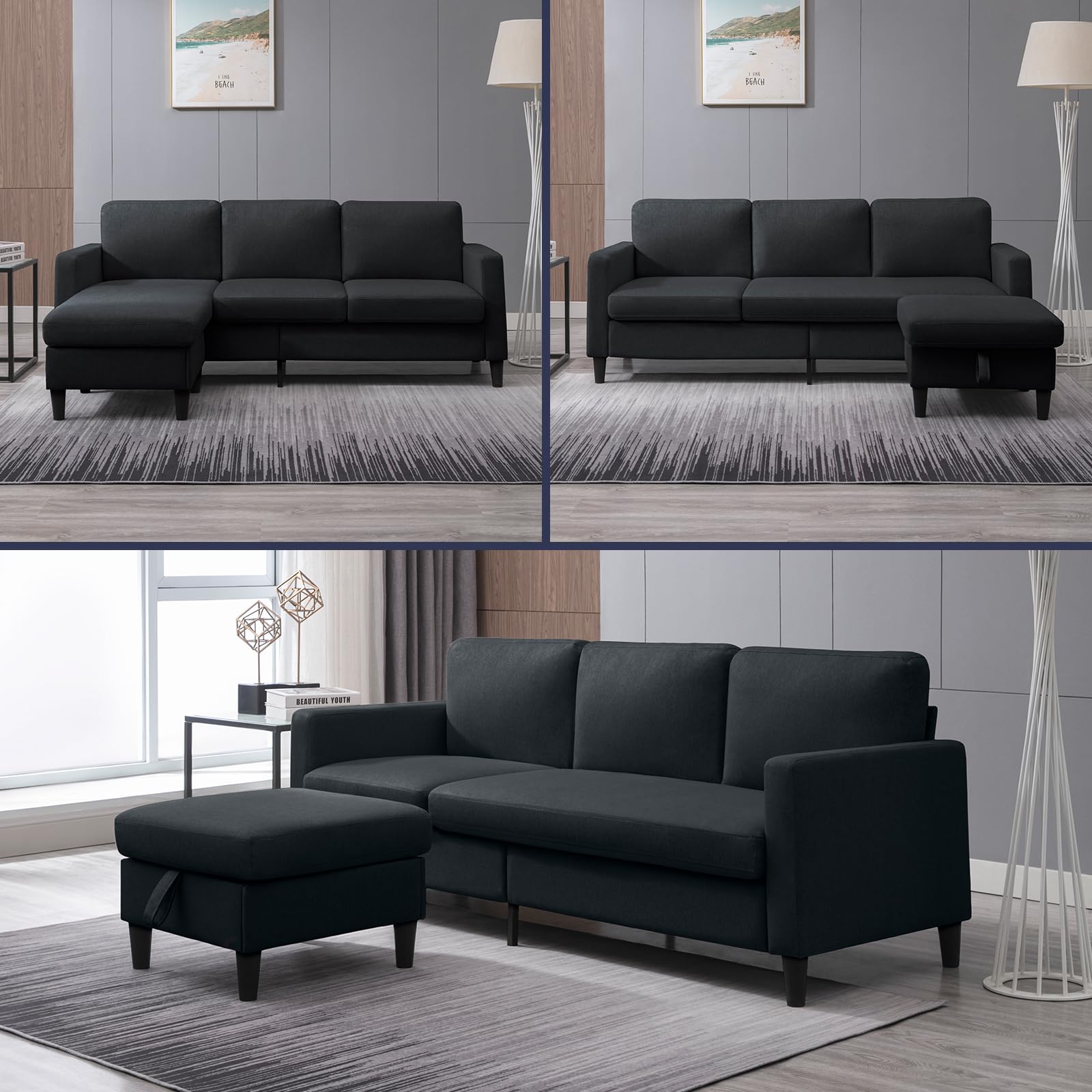 Zafly Convertible Sectional Sofa Couch with Movable Storage Ottoman Chaise, Living Room 3 Seat L-Shaped Sofá, Modern Linen Fabric Home Sofa -Dark Gray