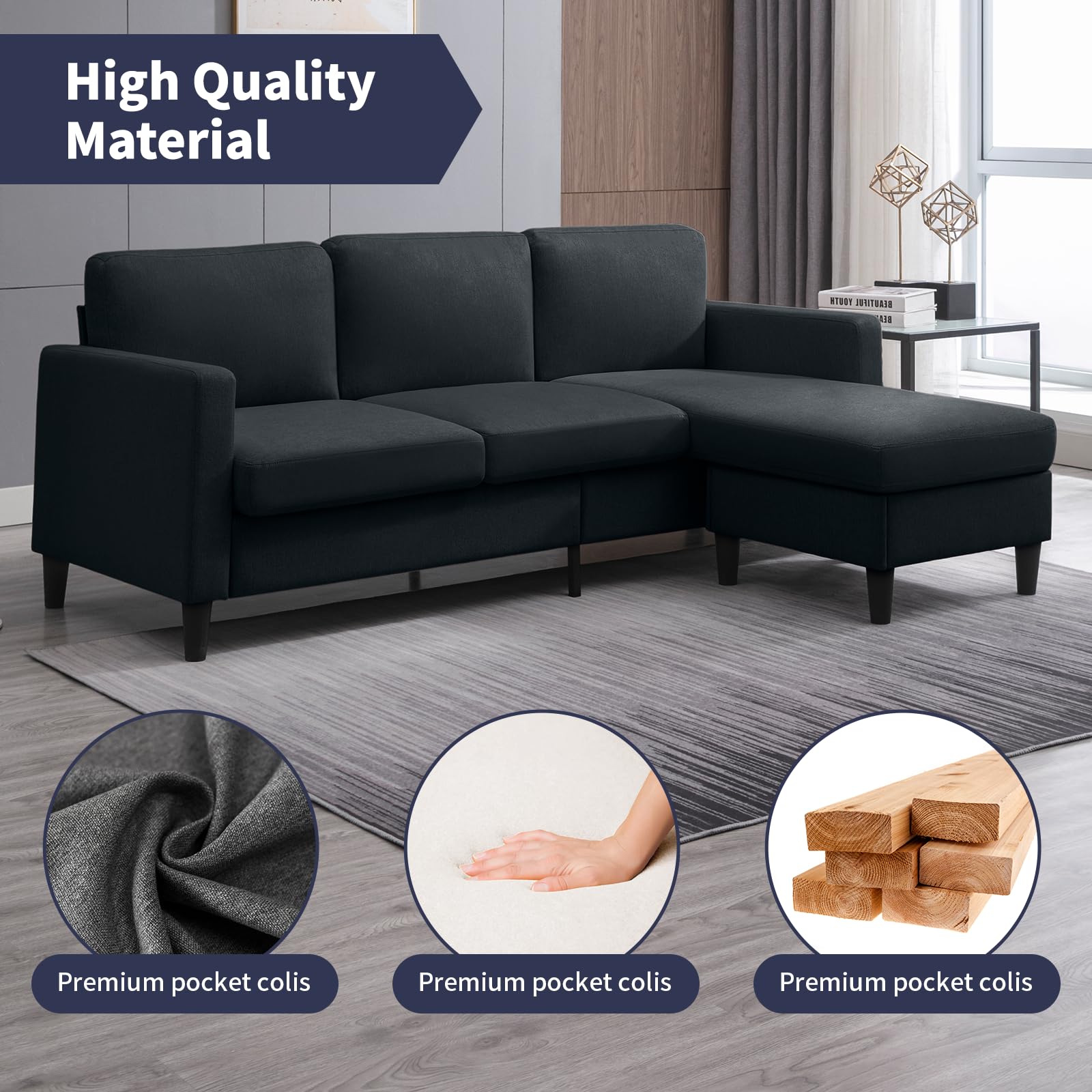 Zafly Convertible Sectional Sofa Couch with Movable Storage Ottoman Chaise, Living Room 3 Seat L-Shaped Sofá, Modern Linen Fabric Home Sofa -Dark Gray