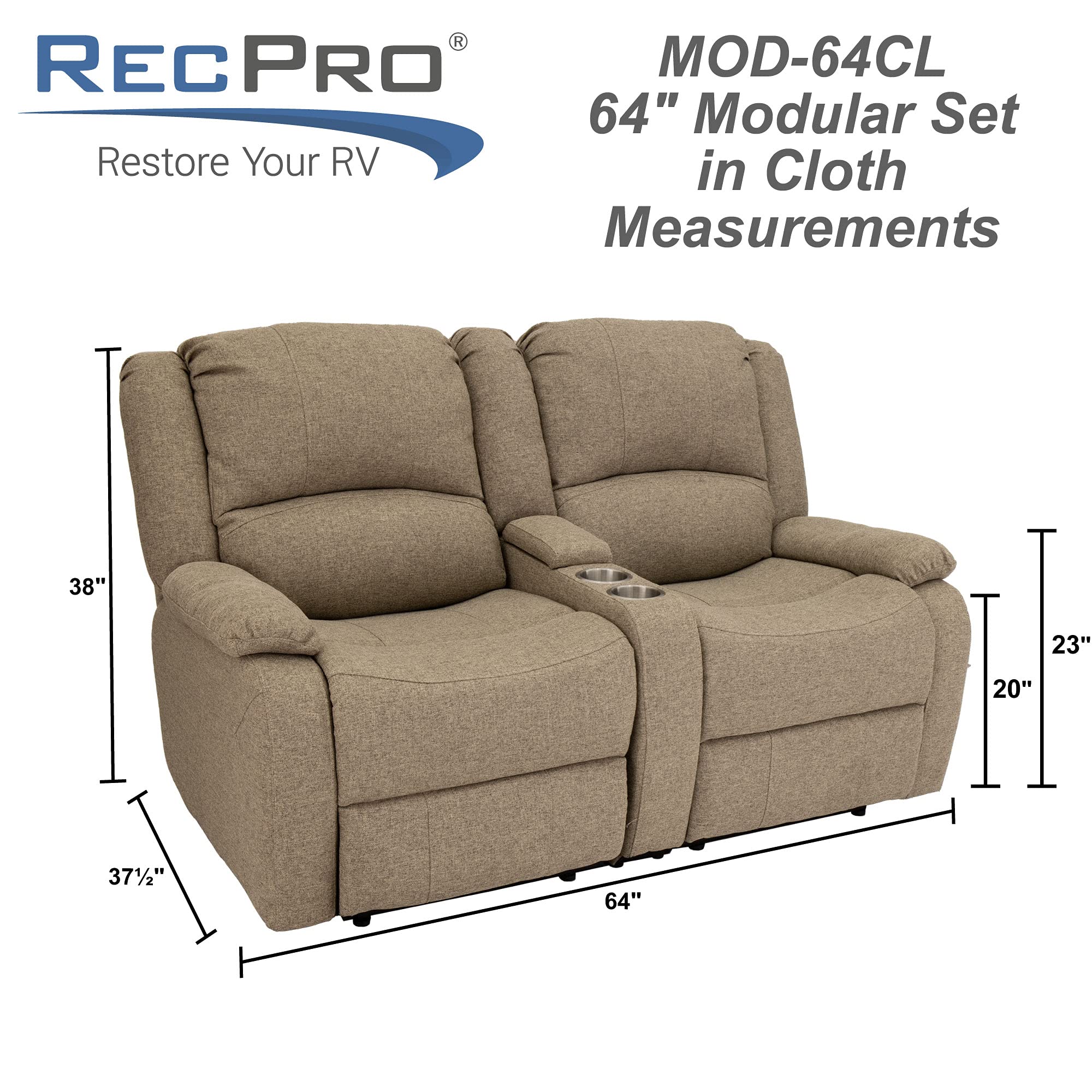 RecPro Charles 64" Double Recliner RV Sofa with Console and Cupholders | Zero Wall Loveseat for Camper | Wall Hugger Couch | Fifth Wheel Theater Seating | Replacement RV Furniture | Oatmeal Cloth