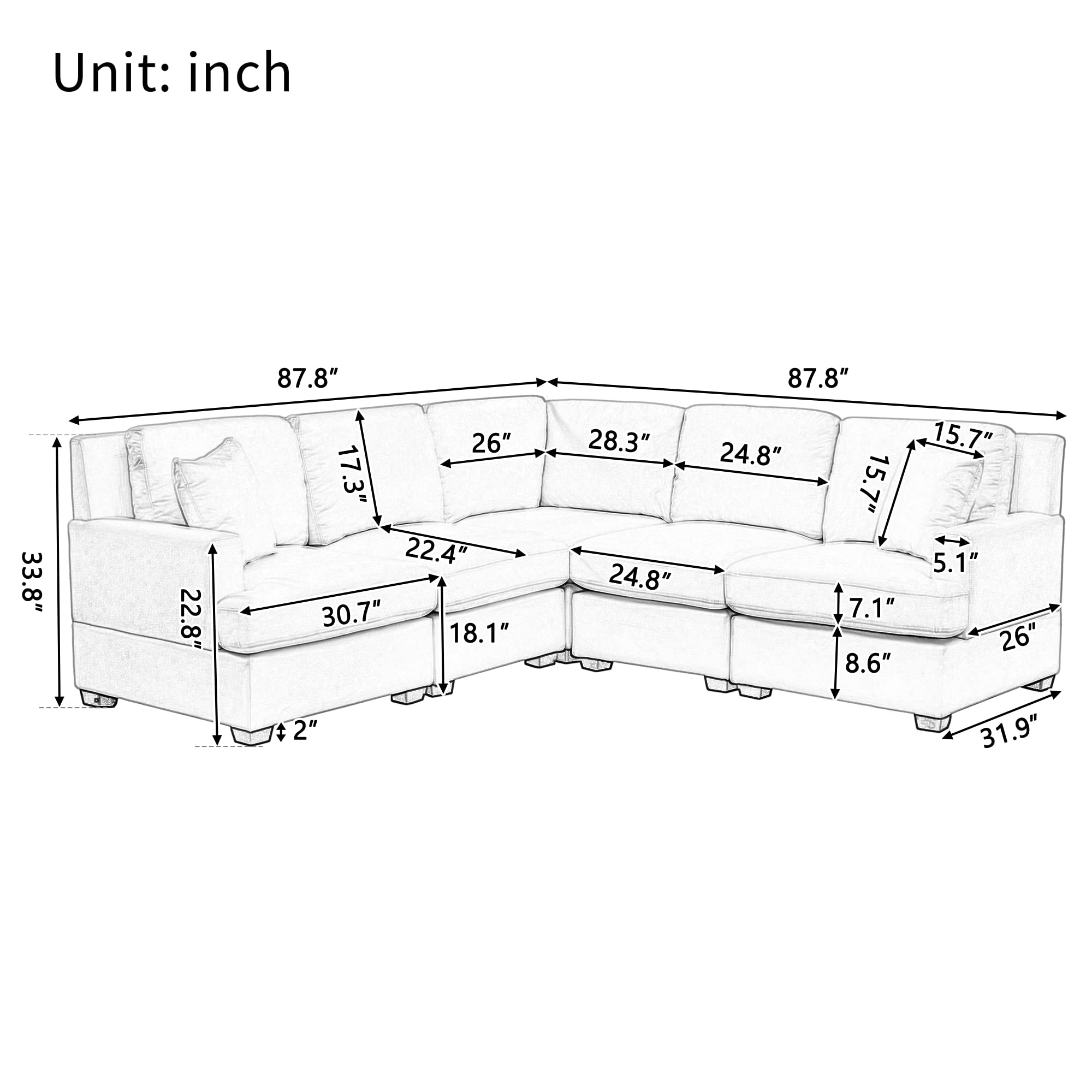 Eafurn Convertible Modular Sectional, 87.8" Free Combination Symmetrical Padded Back and 2 Pillows,5 Seater Corner Sofa & Couch for Living Room Contemporary Furniture Set, Gray