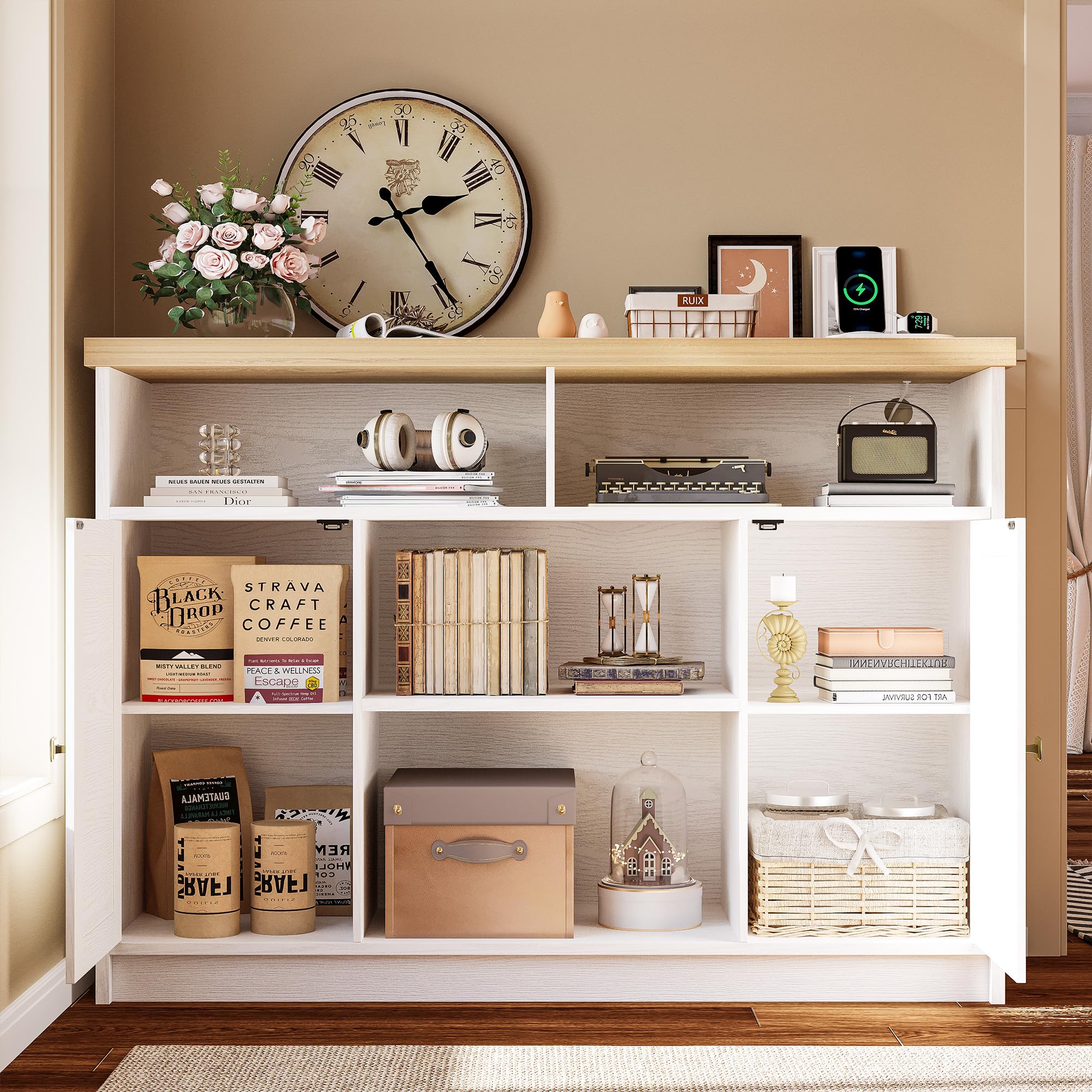 IRONCK Coffee Bar Cabinet with Power Strip, 47" Storage Cabinet with Barn Doors and Thickened Top Board, White Sideboard, Buffet for Dinning Room, Kitchen, Living Room