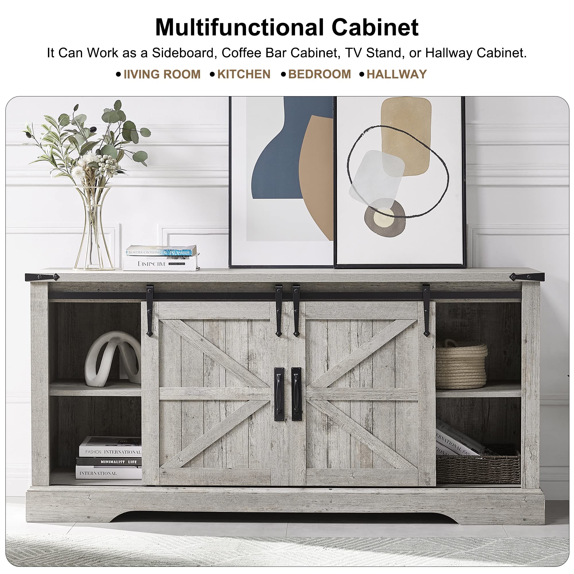OKD Farmhouse Coffee Bar Cabinet, 58 Inch Buffet Sideboard Cabinet w/Sliding Barn Door, Adjustable Storage Shelves, Rustic Kitchen Storage Pantry for Dining Room, Living Room, Light Rustic Oak