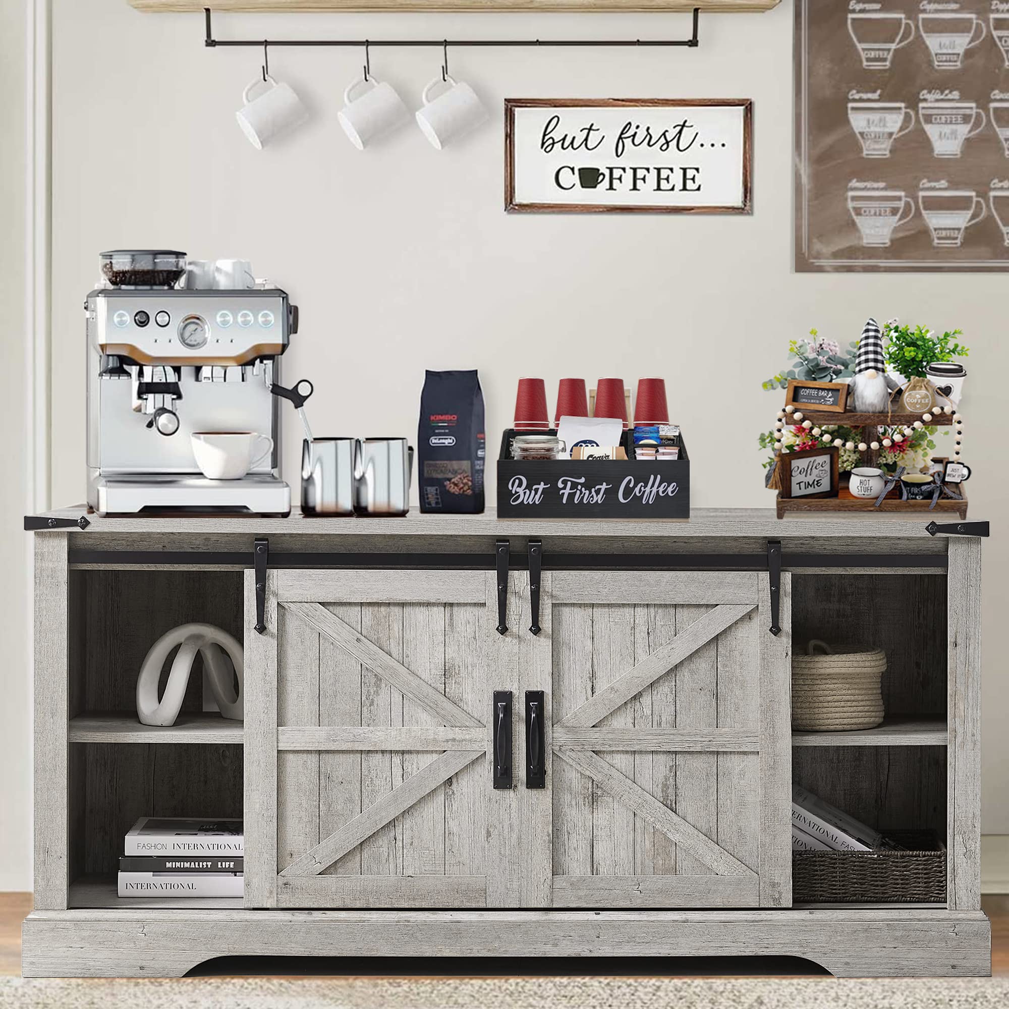 OKD Farmhouse Coffee Bar Cabinet, 58 Inch Buffet Sideboard Cabinet w/Sliding Barn Door, Adjustable Storage Shelves, Rustic Kitchen Storage Pantry for Dining Room, Living Room, Light Rustic Oak