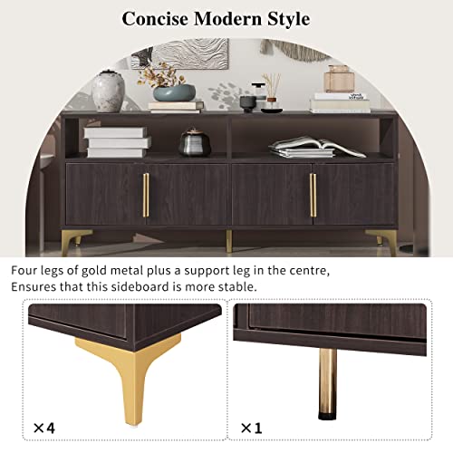 58” L Sideboard with Gold Metal Legs and Handles, Wood Console Table Storage Cabinet Sufficient Storage Space Magnetic Suction Doors (Espresso-J5)