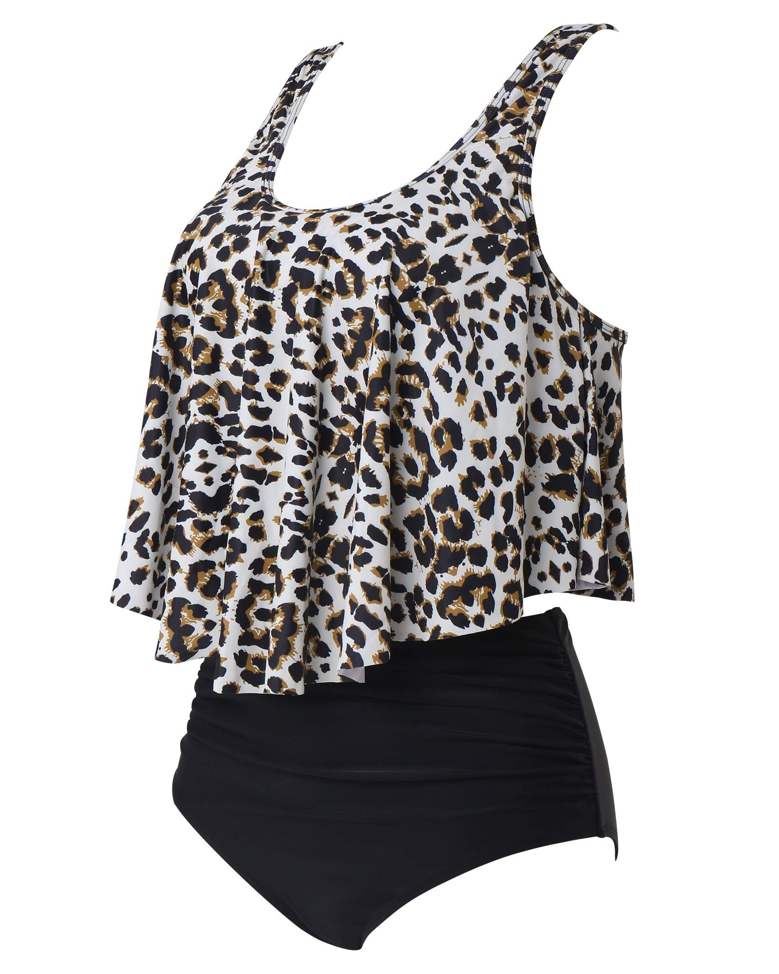OMKAGI Women Ruffle Bikini Swimsuit Plus Size Racerback High Waisted Tankini Set(XXX-Large,Leopard-Black)