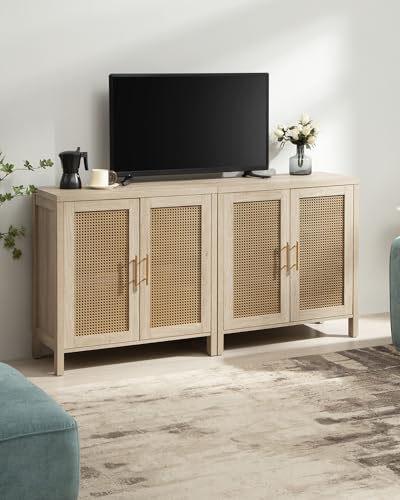 SICOTAS Sideboard Buffet Credenza Cabinet - 2 Pieces Farmhouse Coffee Bar Cabinets with Gold Mesh Doors and Storage - Industrial Accent Liquor Cabinet for Kitchen Living Room Hallway (Light Oak)