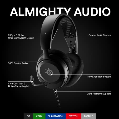 NEW SteelSeries Arctis Nova 1 Multi-System Gaming Headset — Hi-Fi Drivers — 360° Spatial Audio — Comfort Design — Durable — Ultra Lightweight — Noise-Cancelling Mic — PC, PS5/PS4, Switch, Xbox - Black