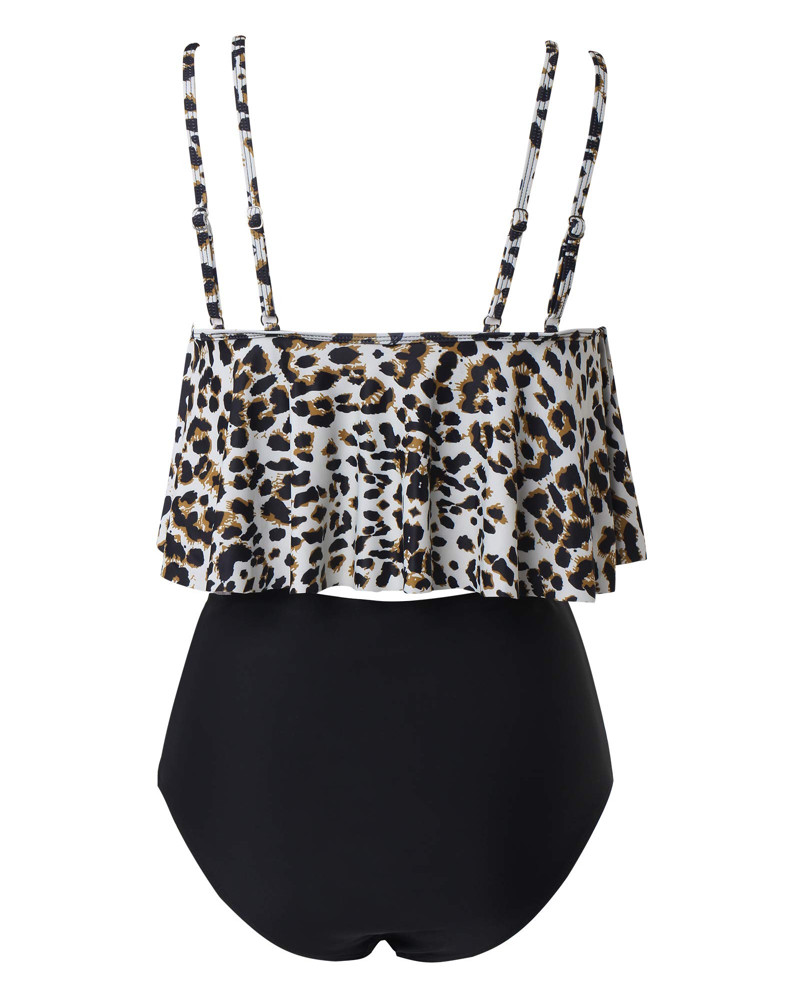 OMKAGI Women Ruffle Bikini Swimsuit Plus Size Racerback High Waisted Tankini Set(XXX-Large,Leopard-Black)