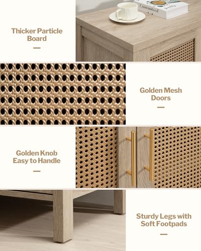 SICOTAS Sideboard Buffet Credenza Cabinet - 2 Pieces Farmhouse Coffee Bar Cabinets with Gold Mesh Doors and Storage - Industrial Accent Liquor Cabinet for Kitchen Living Room Hallway (Light Oak)