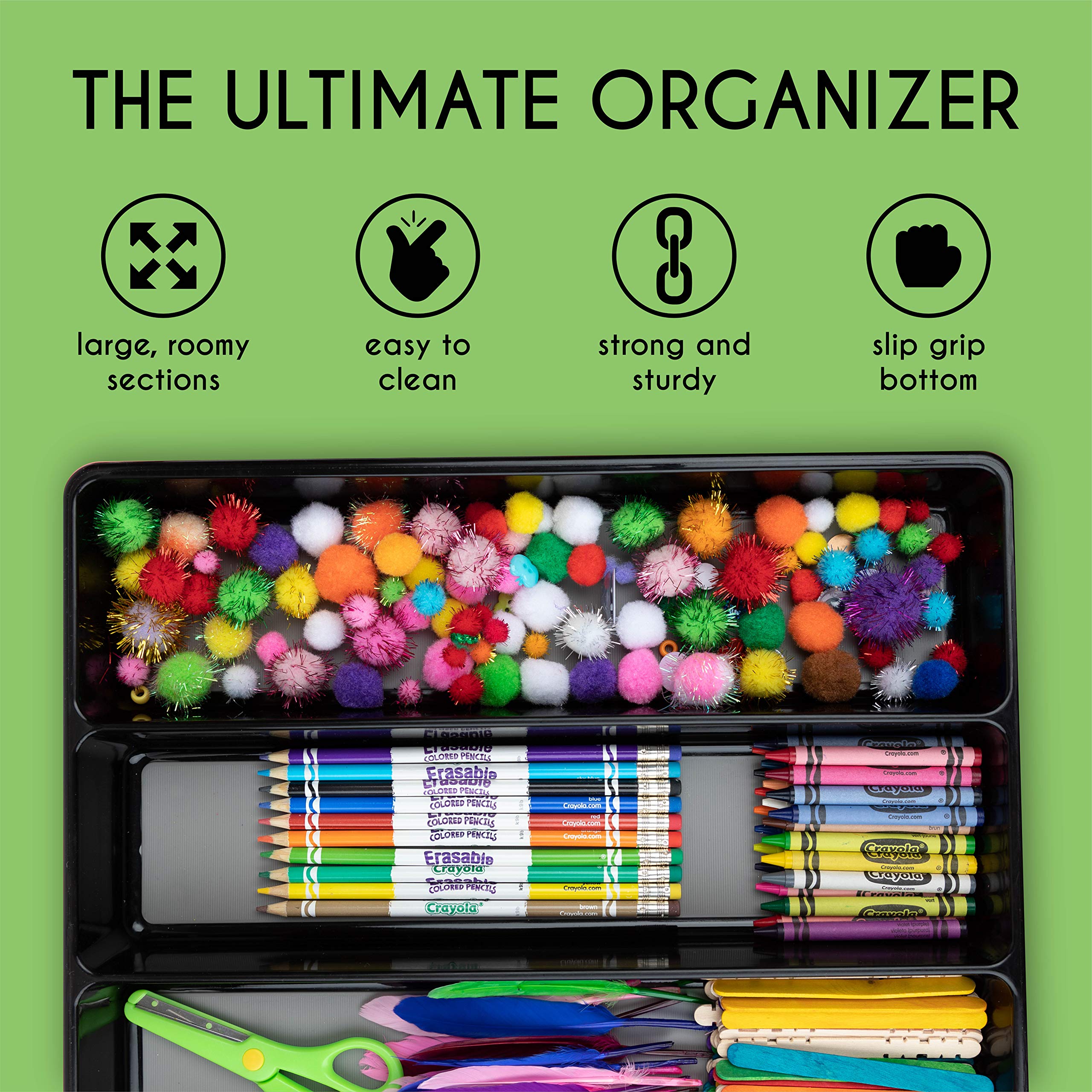 LIVORINI Kitchen Utensils Organizer | Utensil Tray Holder | Large Non-Slip Cutlery Drawer Organizer, 3 Compartment Multi-Purpose Home Organization, Black Utensil Organizer