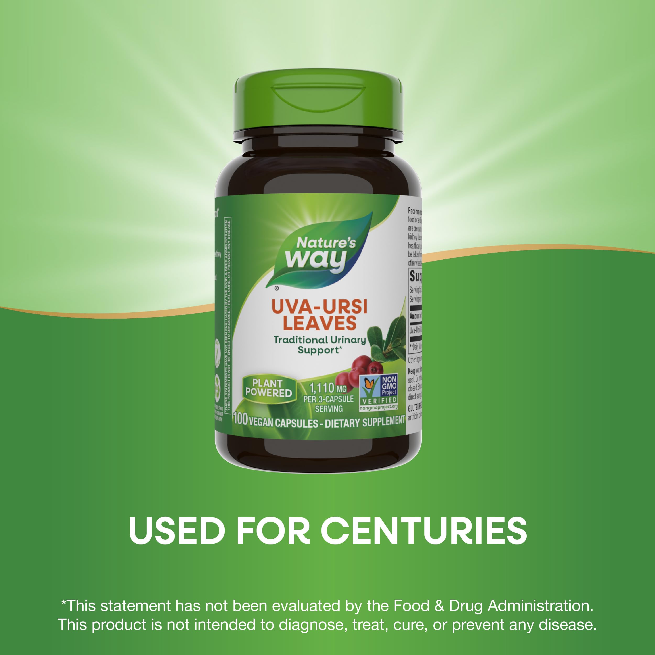 Nature's Way Uva Ursi Leaves, Traditional Urinary Support*, 1,110 mg per 3-Capsule Serving, Non-GMO Project Verified, Herbal Dietary Supplement, Gluten Free, 100 Vegan Capsules (Packaging May Vary)
