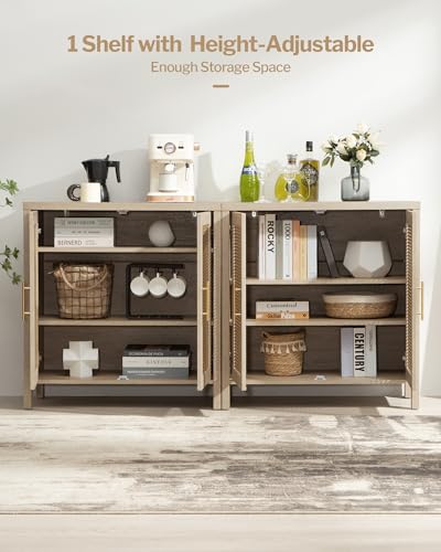 SICOTAS Sideboard Buffet Credenza Cabinet - 2 Pieces Farmhouse Coffee Bar Cabinets with Gold Mesh Doors and Storage - Industrial Accent Liquor Cabinet for Kitchen Living Room Hallway (Light Oak)
