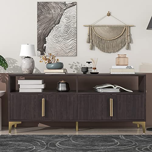 58” L Sideboard with Gold Metal Legs and Handles, Wood Console Table Storage Cabinet Sufficient Storage Space Magnetic Suction Doors (Espresso-J5)