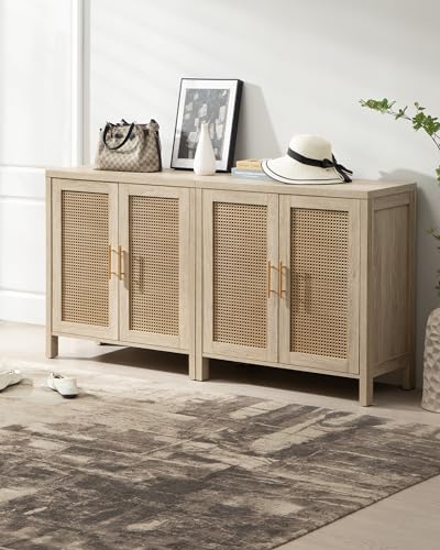 SICOTAS Sideboard Buffet Credenza Cabinet - 2 Pieces Farmhouse Coffee Bar Cabinets with Gold Mesh Doors and Storage - Industrial Accent Liquor Cabinet for Kitchen Living Room Hallway (Light Oak)