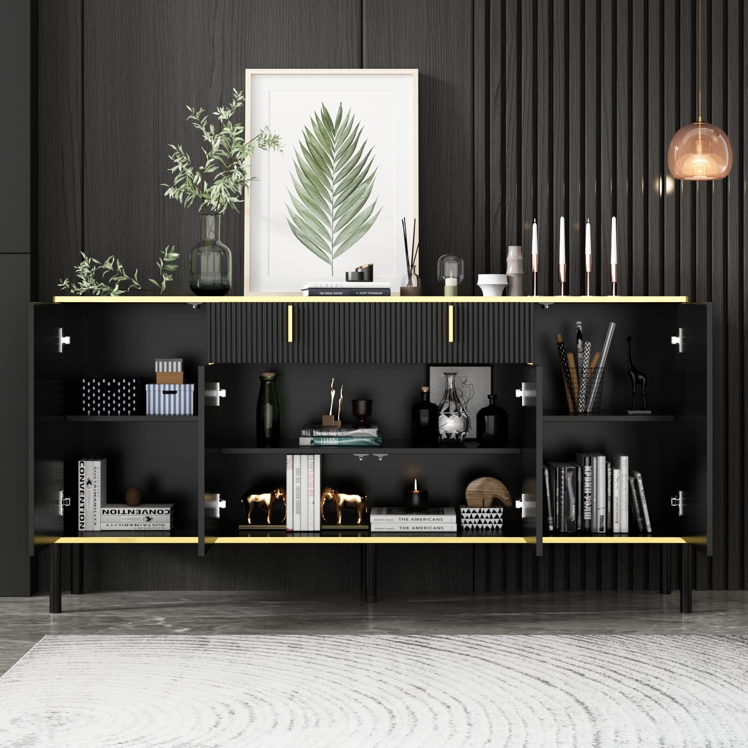 AIEGLE Modern 63" Long Buffet Sideboard Console Table, Kitchen Storage Cabinet with Drawer & 4 Doors, Buffet Server Bar Decorative Cupboard for Dining Living Room Entryway, Black & Golden