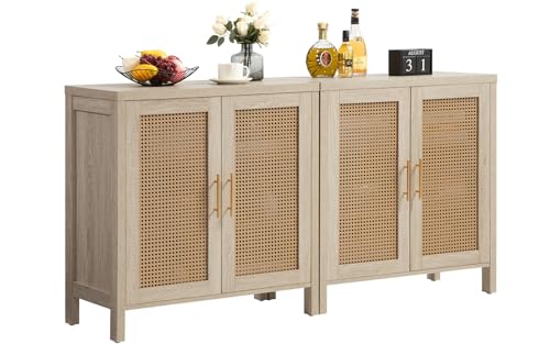 SICOTAS Sideboard Buffet Credenza Cabinet - 2 Pieces Farmhouse Coffee Bar Cabinets with Gold Mesh Doors and Storage - Industrial Accent Liquor Cabinet for Kitchen Living Room Hallway (Light Oak)