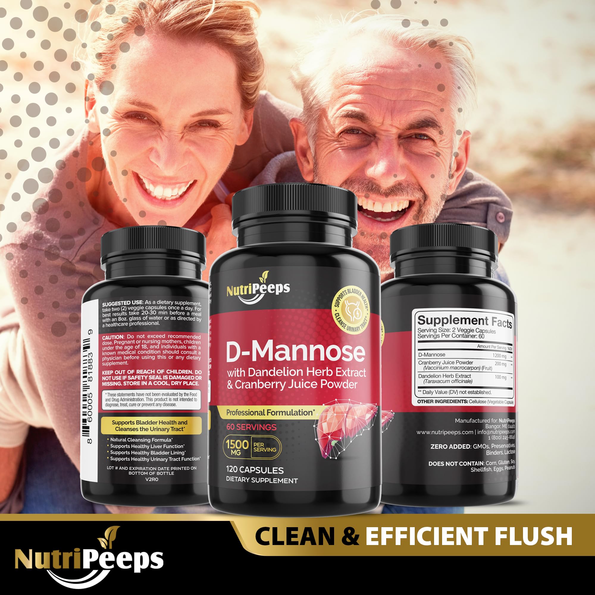 NutriPeeps D-Mannose 1500mg, 120 Capsules with Dandelion Herb and Cranberry Extracts, Natural Urinary Tract Cleanse for UTI Support, Flushing and Detoxing of Impurities, for Men and Women.