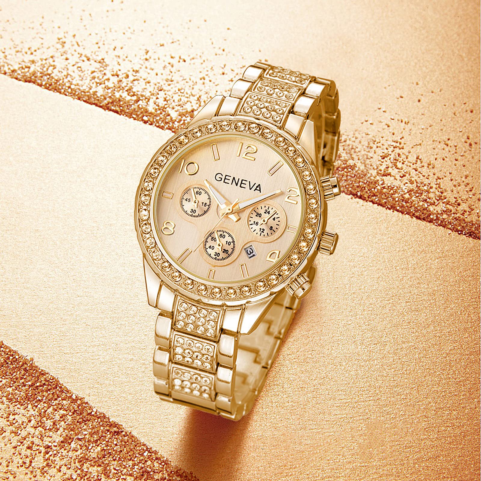 Luxury Unisex Crystal Diamond Watches Quartz Digital Calendar Rose Gold Silver Stainless Steel Watch (Gold)