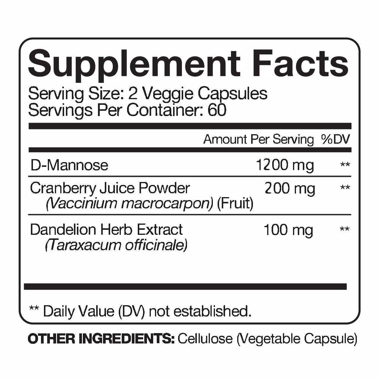 NutriPeeps D-Mannose 1500mg, 120 Capsules with Dandelion Herb and Cranberry Extracts, Natural Urinary Tract Cleanse for UTI Support, Flushing and Detoxing of Impurities, for Men and Women.