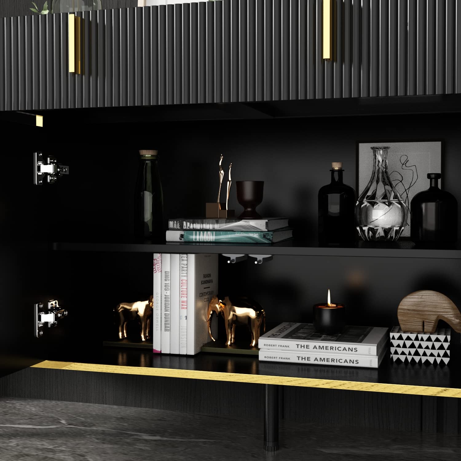 AIEGLE Modern 63" Long Buffet Sideboard Console Table, Kitchen Storage Cabinet with Drawer & 4 Doors, Buffet Server Bar Decorative Cupboard for Dining Living Room Entryway, Black & Golden