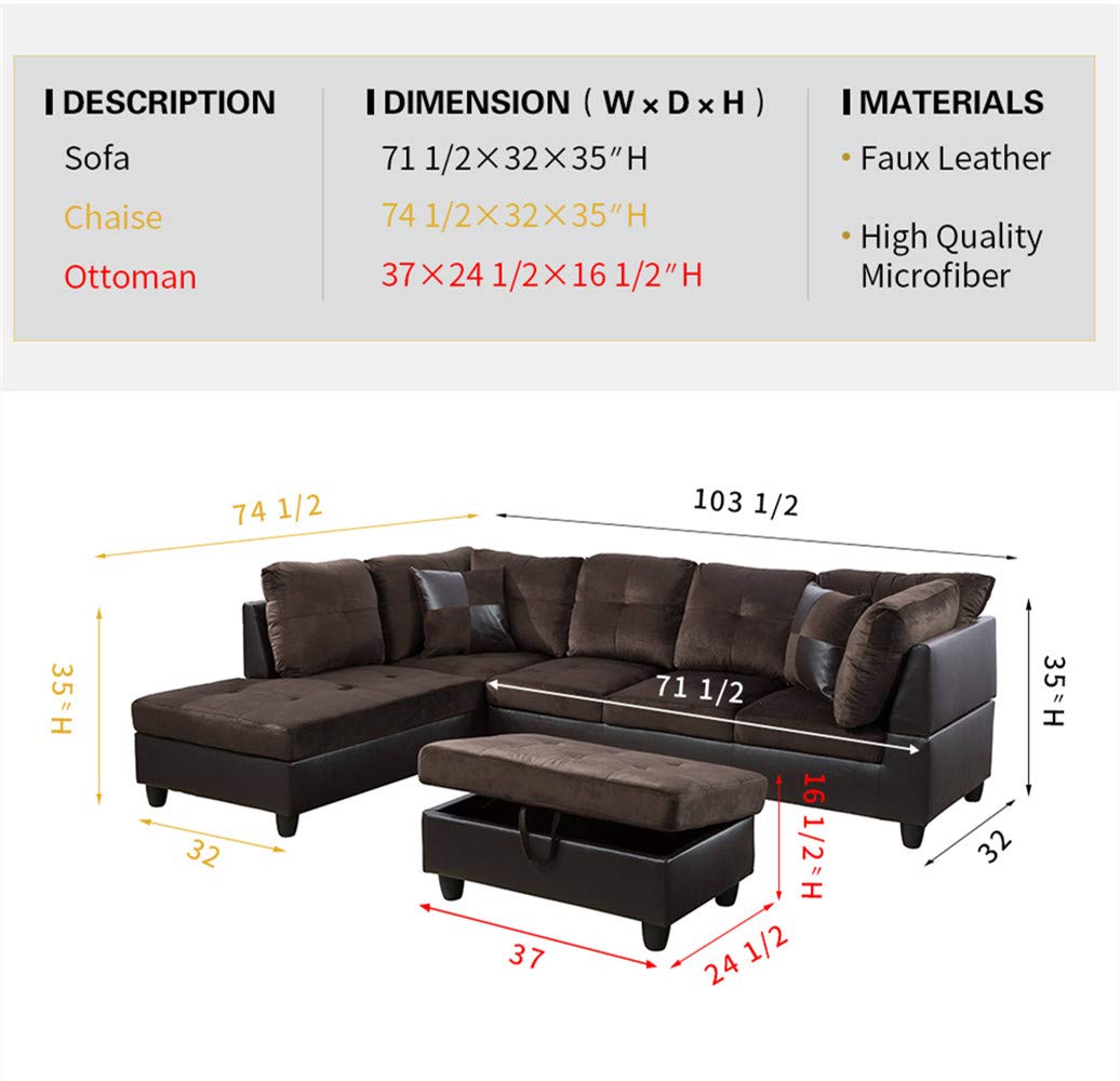 A Ainehome 3 PCS Sectional Sofa Set, L-Shaped Sectional Couch 103" W for Living Room, with Storage Ottoman and Matching Pillows (Left Hand Facing, Chocolate)