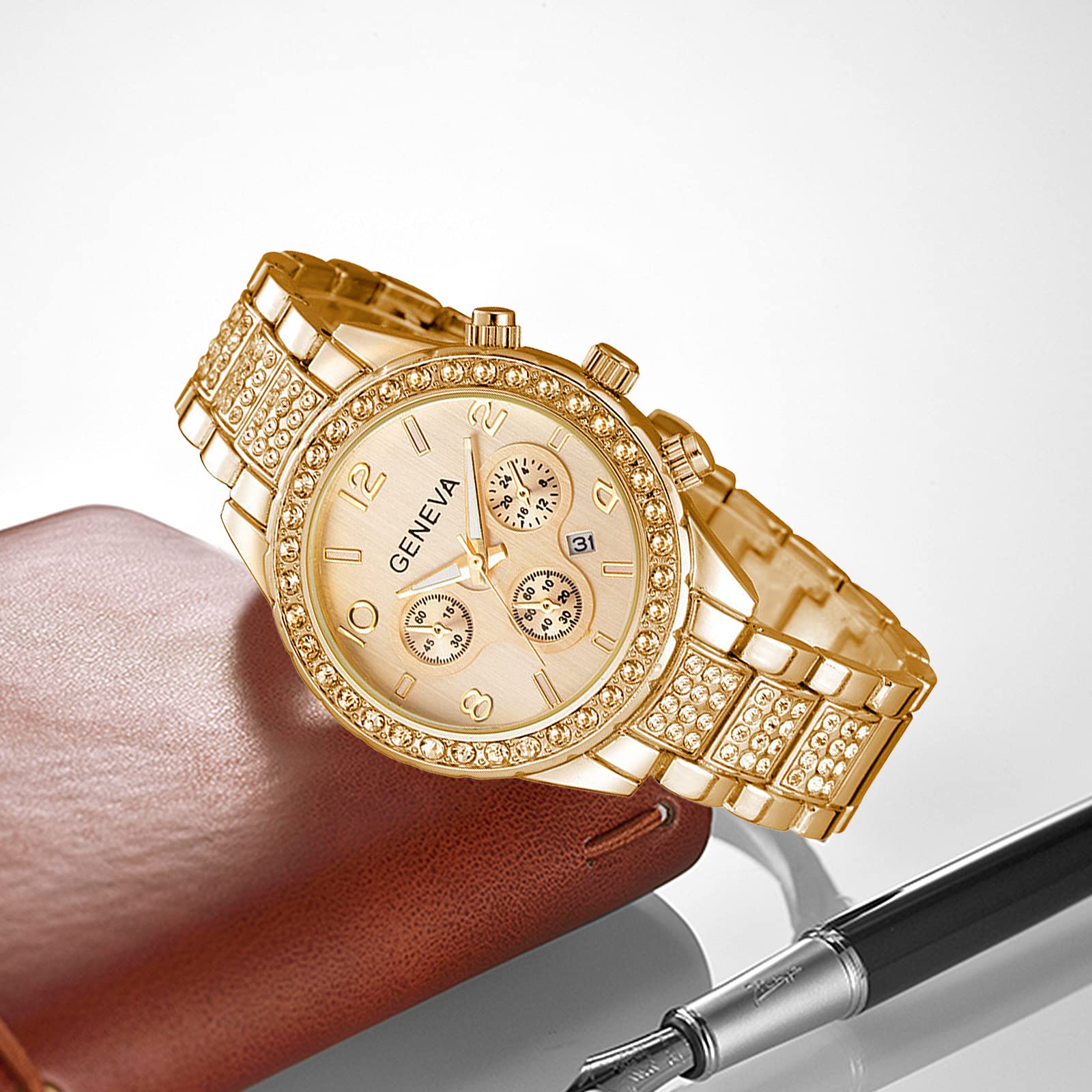 Luxury Unisex Crystal Diamond Watches Quartz Digital Calendar Rose Gold Silver Stainless Steel Watch (Gold)