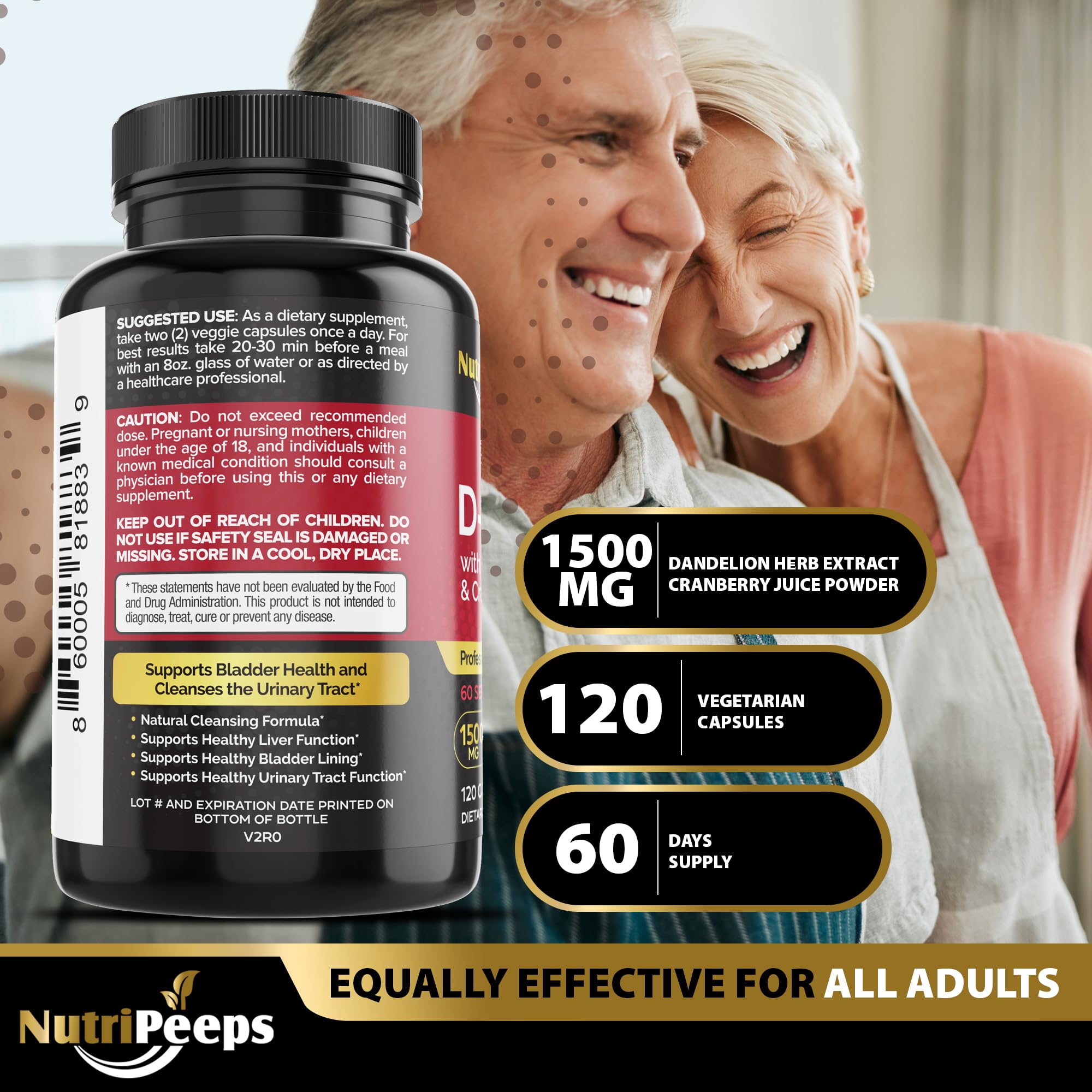 NutriPeeps D-Mannose 1500mg, 120 Capsules with Dandelion Herb and Cranberry Extracts, Natural Urinary Tract Cleanse for UTI Support, Flushing and Detoxing of Impurities, for Men and Women.