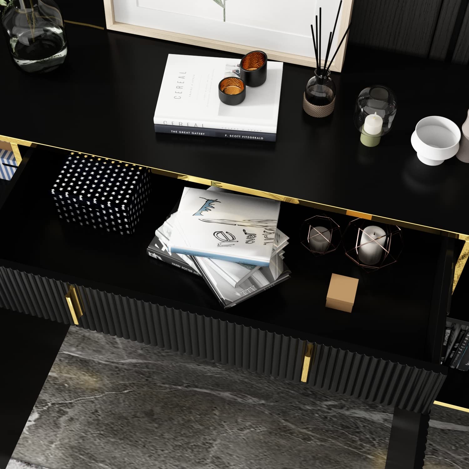 AIEGLE Modern 63" Long Buffet Sideboard Console Table, Kitchen Storage Cabinet with Drawer & 4 Doors, Buffet Server Bar Decorative Cupboard for Dining Living Room Entryway, Black & Golden