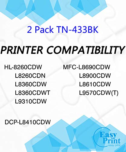 (2-Pack) Compatible TN-433BK TN433BK Toner Cartridge TN433 TN-433 Used for Brother HL8260CDN L8360CDWT L9310CDW MFC-L8690CDW L8610CDW L9570CDW(T) Printer (Black), by EasyPrint
