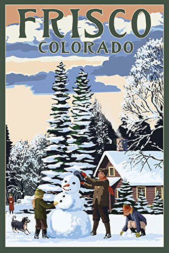 Frisco, Colorado, Snowman Scene (24x36 Giclee Fine Art Print, Recycled Wood Frame, Espresso Brown)