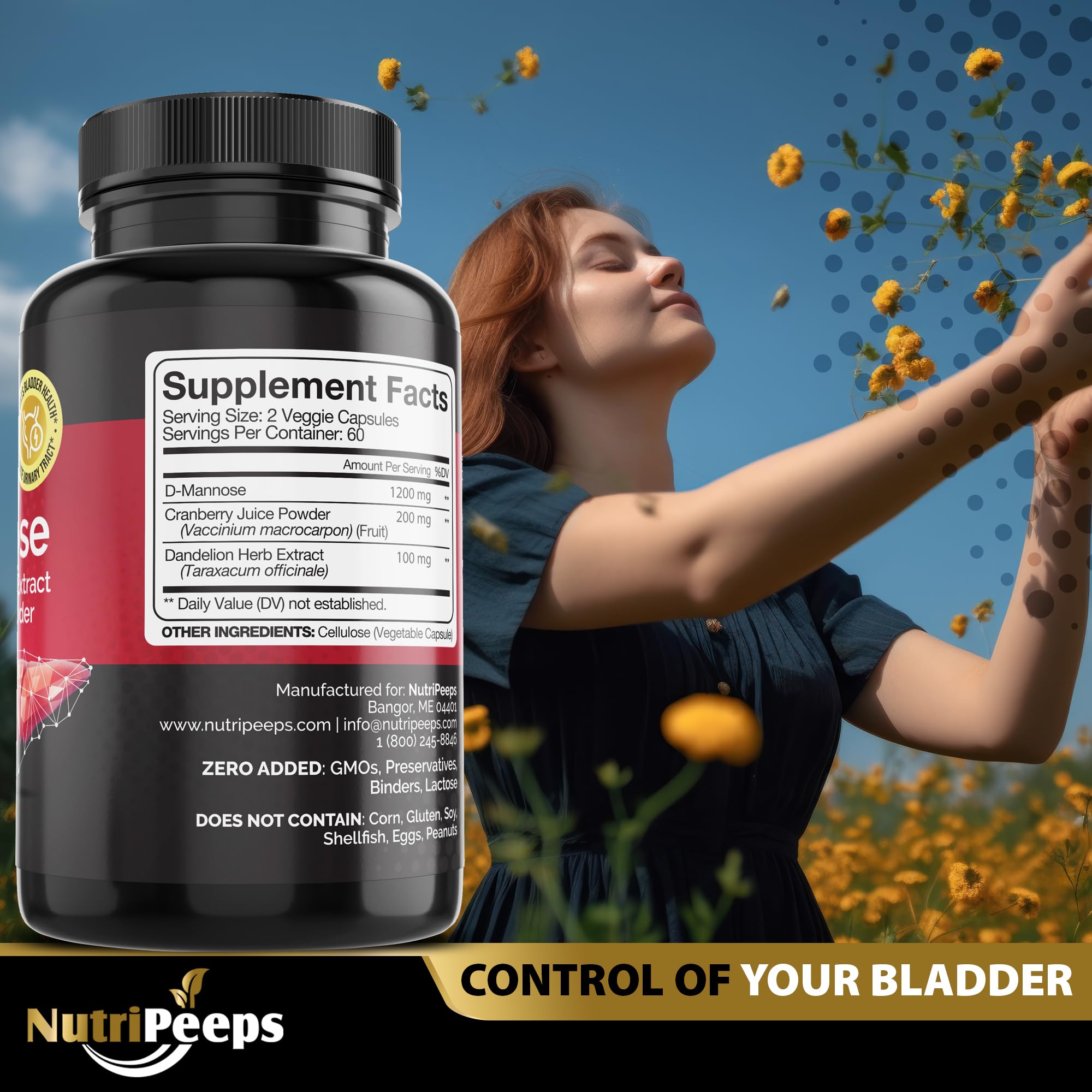 NutriPeeps D-Mannose 1500mg, 120 Capsules with Dandelion Herb and Cranberry Extracts, Natural Urinary Tract Cleanse for UTI Support, Flushing and Detoxing of Impurities, for Men and Women.