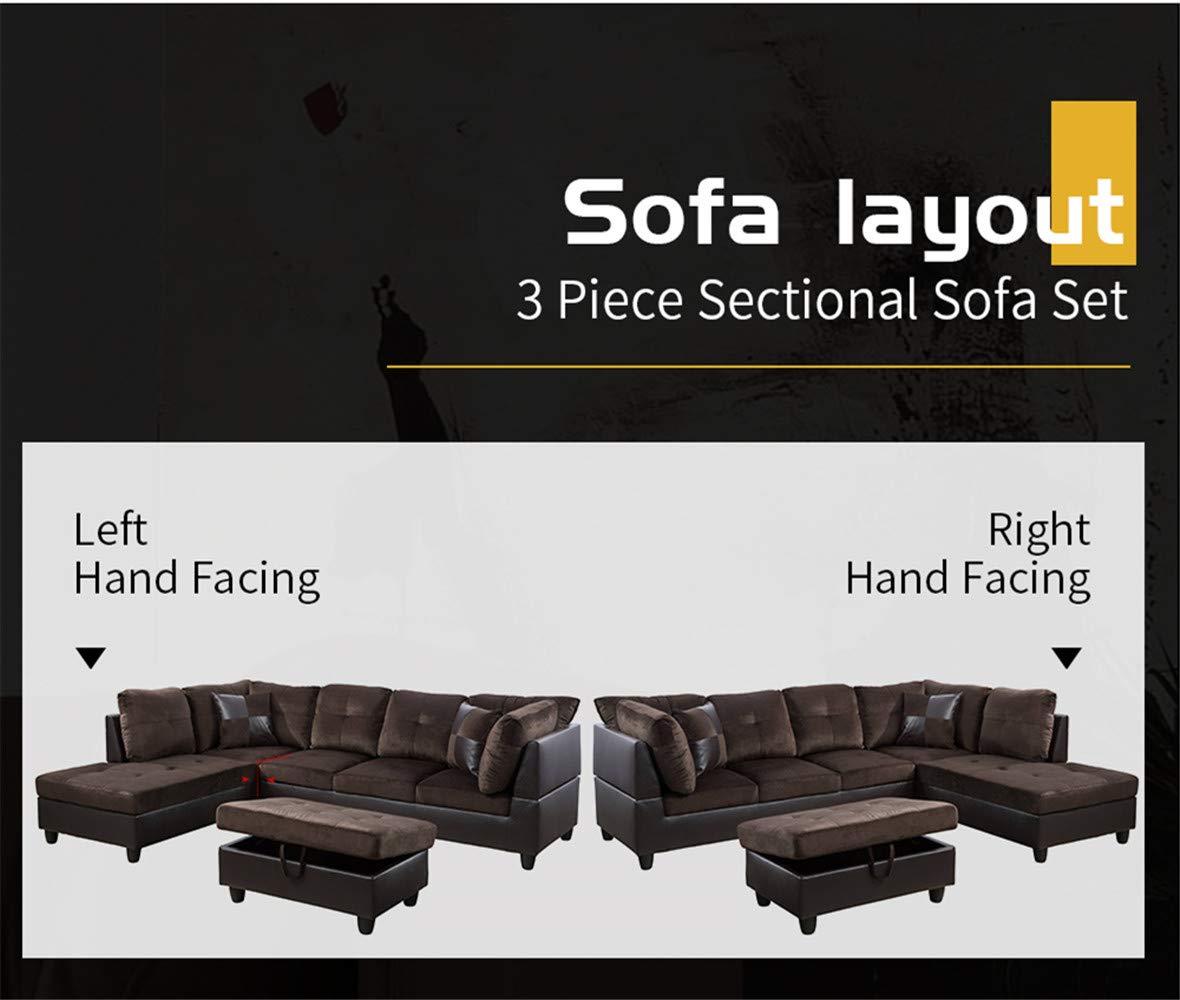 A Ainehome 3 PCS Sectional Sofa Set, L-Shaped Sectional Couch 103" W for Living Room, with Storage Ottoman and Matching Pillows (Left Hand Facing, Chocolate)